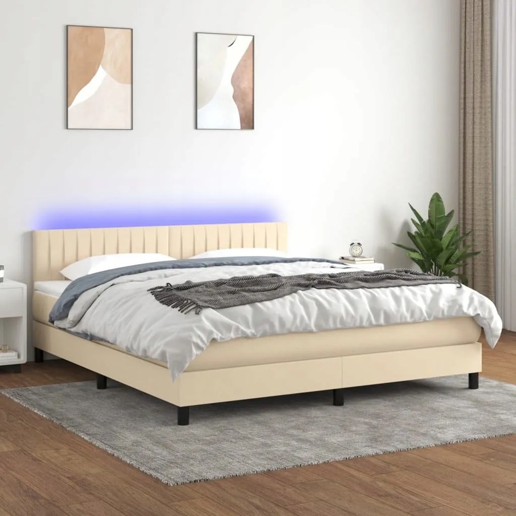 Box Spring Postel S Matrací A Led Textil Krémová Svislé pruhy 160 x 200 c