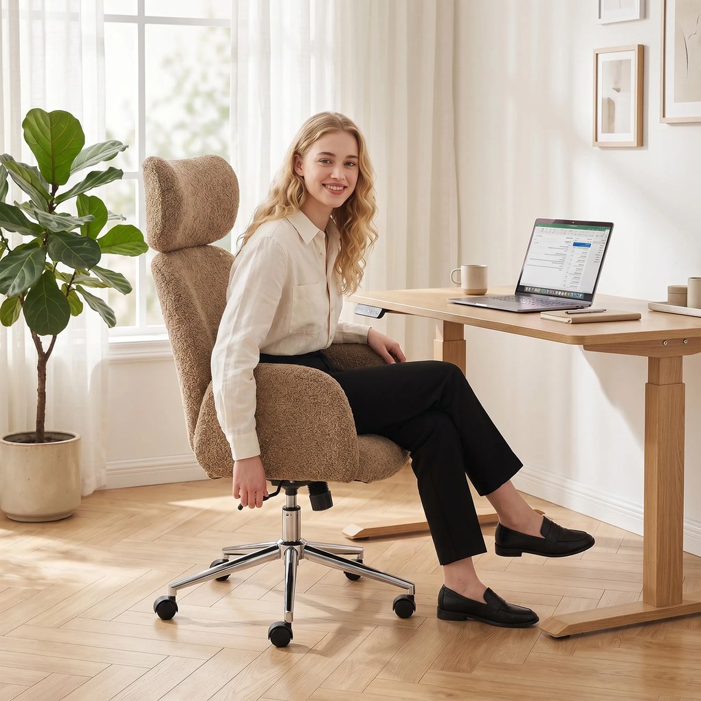 HOMCOM Bouclé kancelářské křeslo do home office – nastavitelná opěrka hlavy, houpací funkce, hnědé