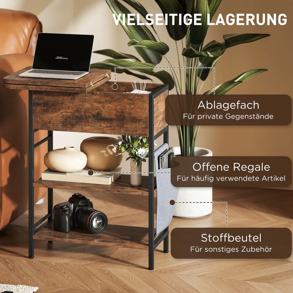 HOMCOM Odkládací stolek, noční stolek s elektrickou lištou, 2 patra, USB porty, úložný prostor 60 x 29,8 x 58,5 cm, rustikální hnědý