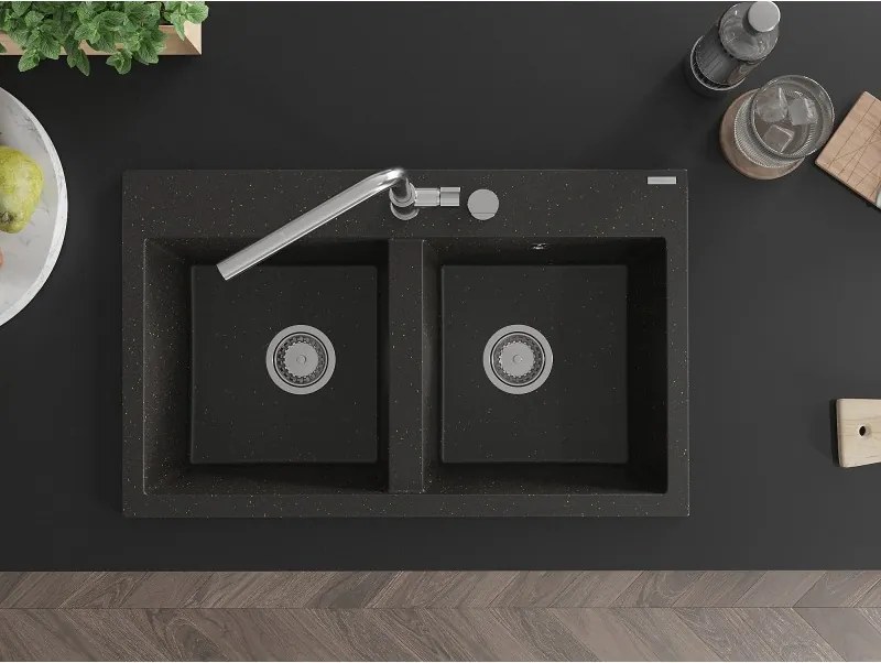 Mexen Hektor, 2-komorový granitový dřez 800x480x205 mm, černá-zlatá metalíza, chromový sifon, 6521802000-75