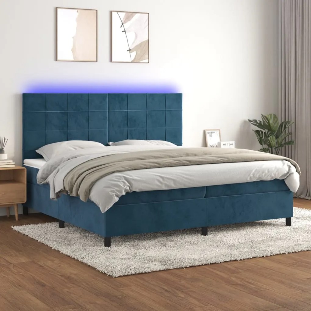 Box spring postel s matrací a LED tmavě modrá 200x200 cm samet 3136147
