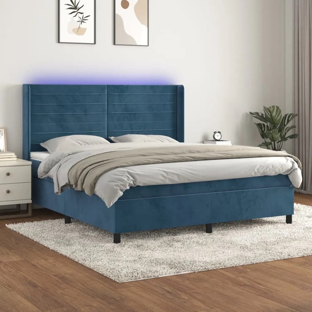 Box spring postel s matrací a LED tmavě modrá 160x200 cm samet 3139635