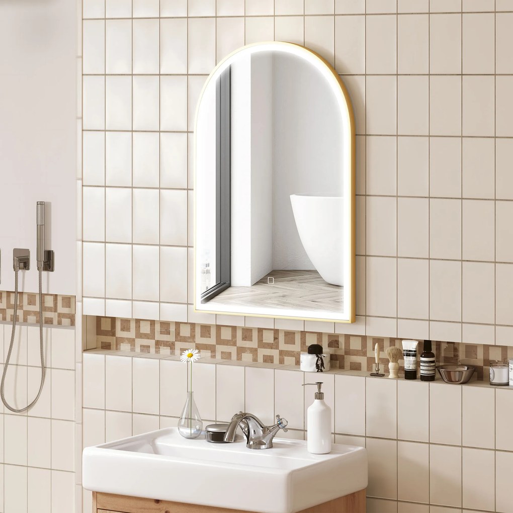HOMCOM LED koupelnové zrcadlo 90 x 60 cm, nástěnné, 3 barvy, zakřivené, hliníkový rám, odvlhčování a dotykový spínač