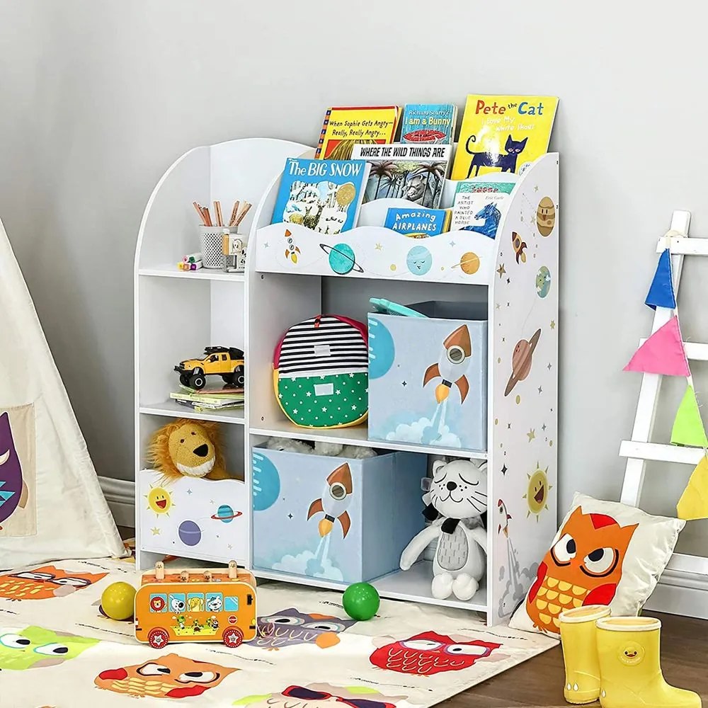 Organizér na hračky a knihy pro děti, multifunkční úložný prostor se 2 úložnými boxy, VESMÍR, bílý