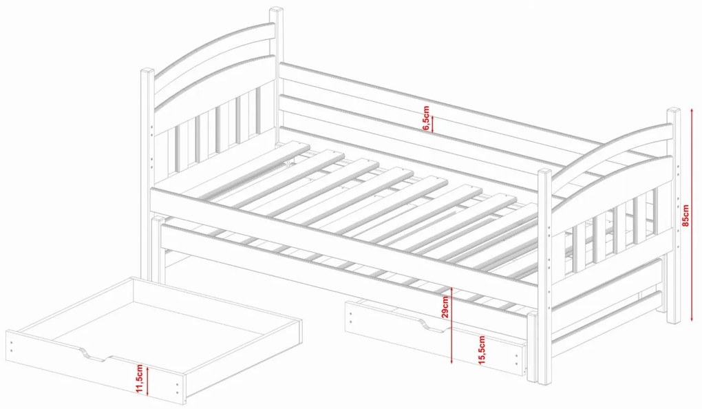 Dětská postel z masivu borovice GABRIEL s přistýlkou a šuplíky - 200x90 cm - bílá