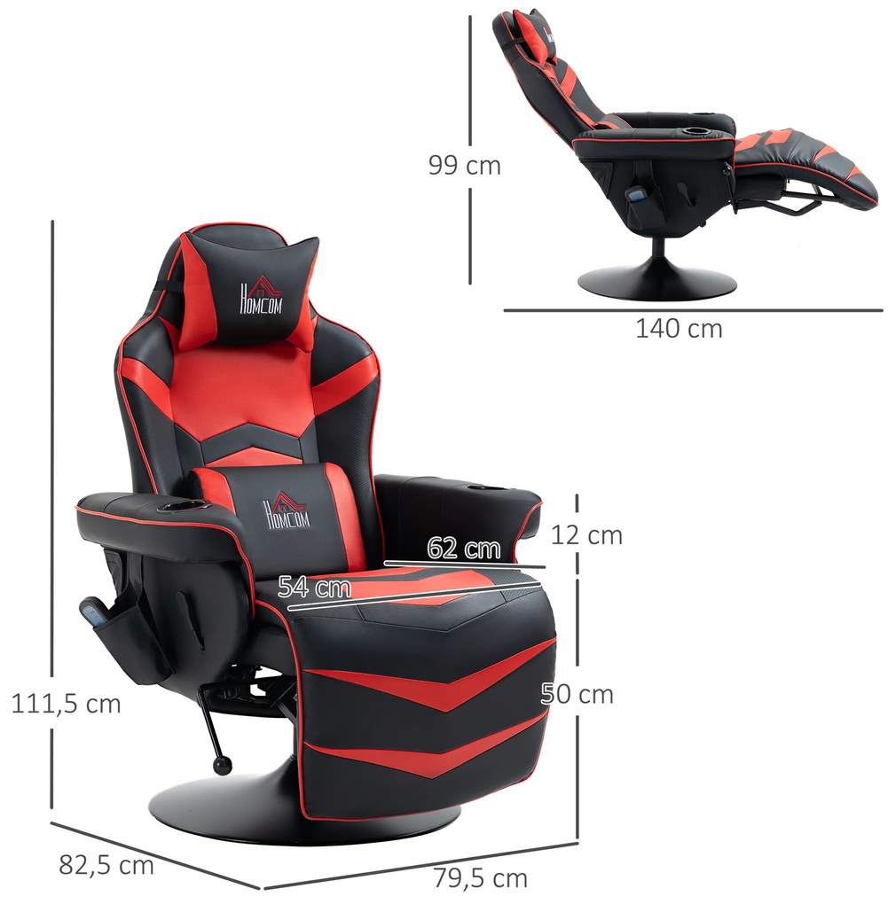 HOMCOM polohovací křeslo s masážní funkcí, ergonomické, lounge křeslo s vysokým opěradlem, polštářem, držákem na nápoje, TV křeslo, imitace kůže | Ao…