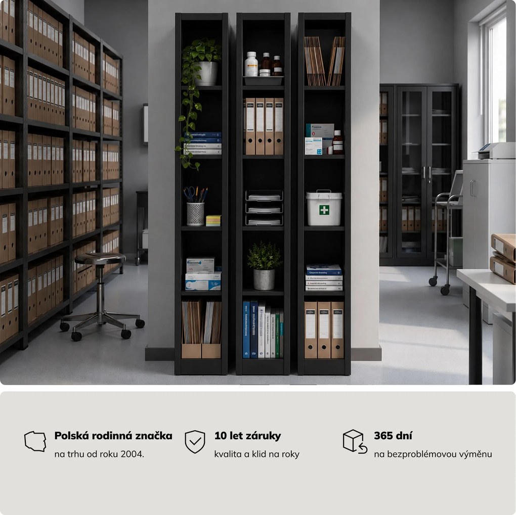 Úzký kovový archivační regál na dokumenty antracitový, 250x1850x600 mm: TIM