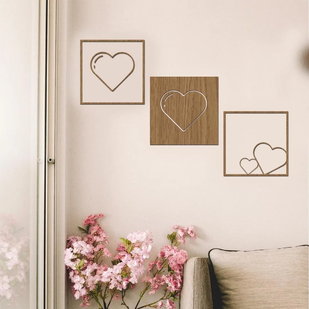 dřevo života 3dílná kolekce dřevěných  srdcí na zeď Barevný vzor: Šedá, Rozměry (cm): 40x40