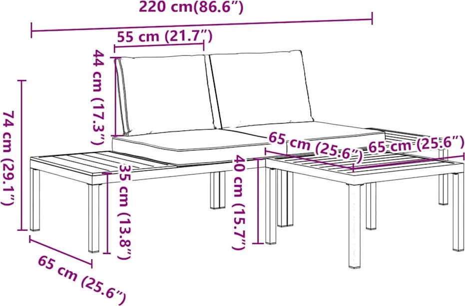 3dílná zahradní sedací souprava s poduškami černá hliník 3283704