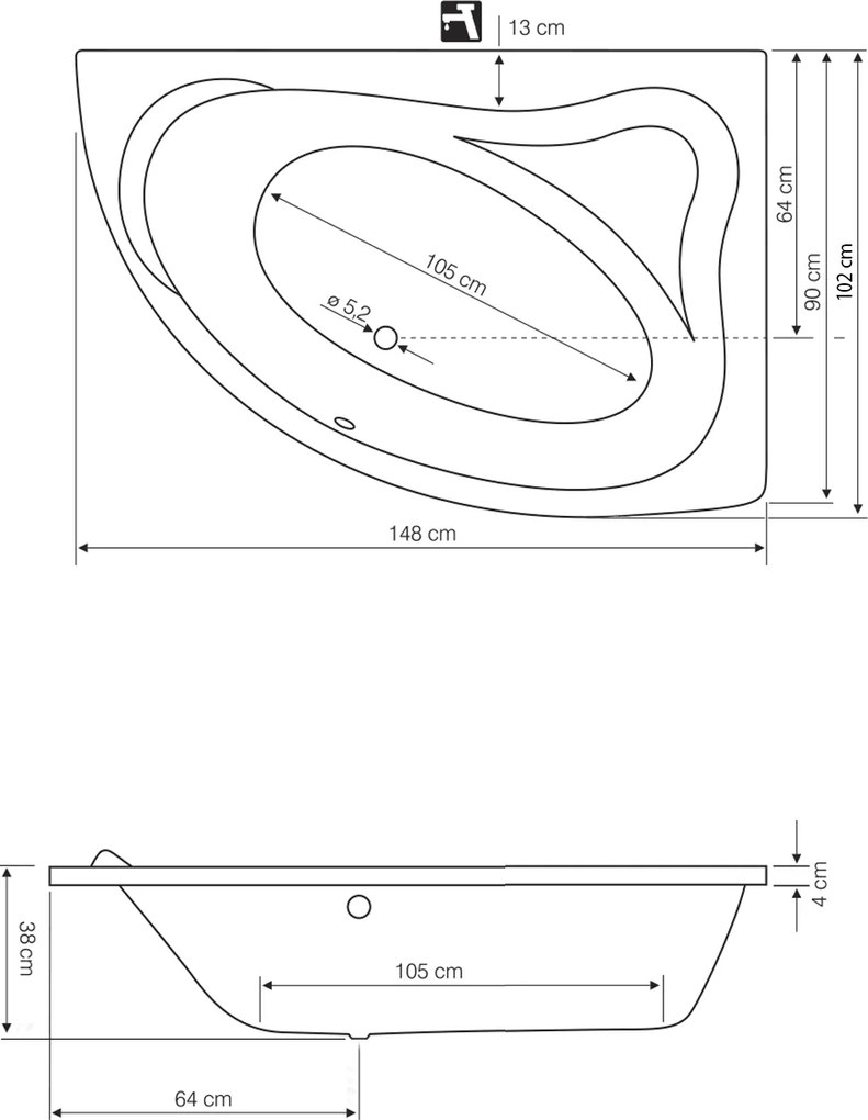 Aqualine Orava G1591 asymetrická vana 150 x 90 cm akrylátová pravá