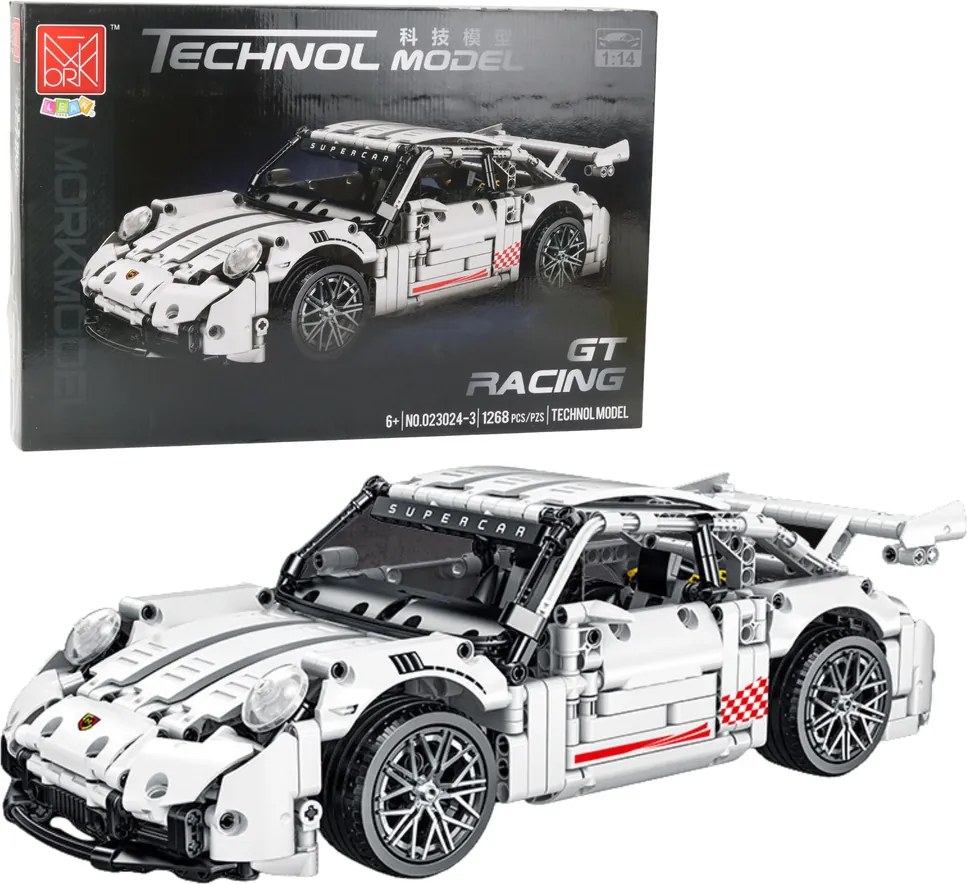 LEAN Toys Stavebnicové kostky – Auto GT Racing, bílé, měřítko 1:14, 1268 dílů