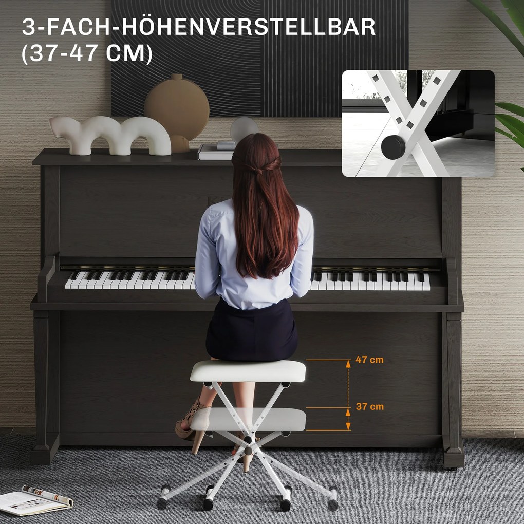 HOMCOM Klavírní stolička, výškově nastavitelná skládací X-tvarovaná klavírní lavice s polštářem z umělé kůže, 39 x 29 x 37-47 cm, bílá