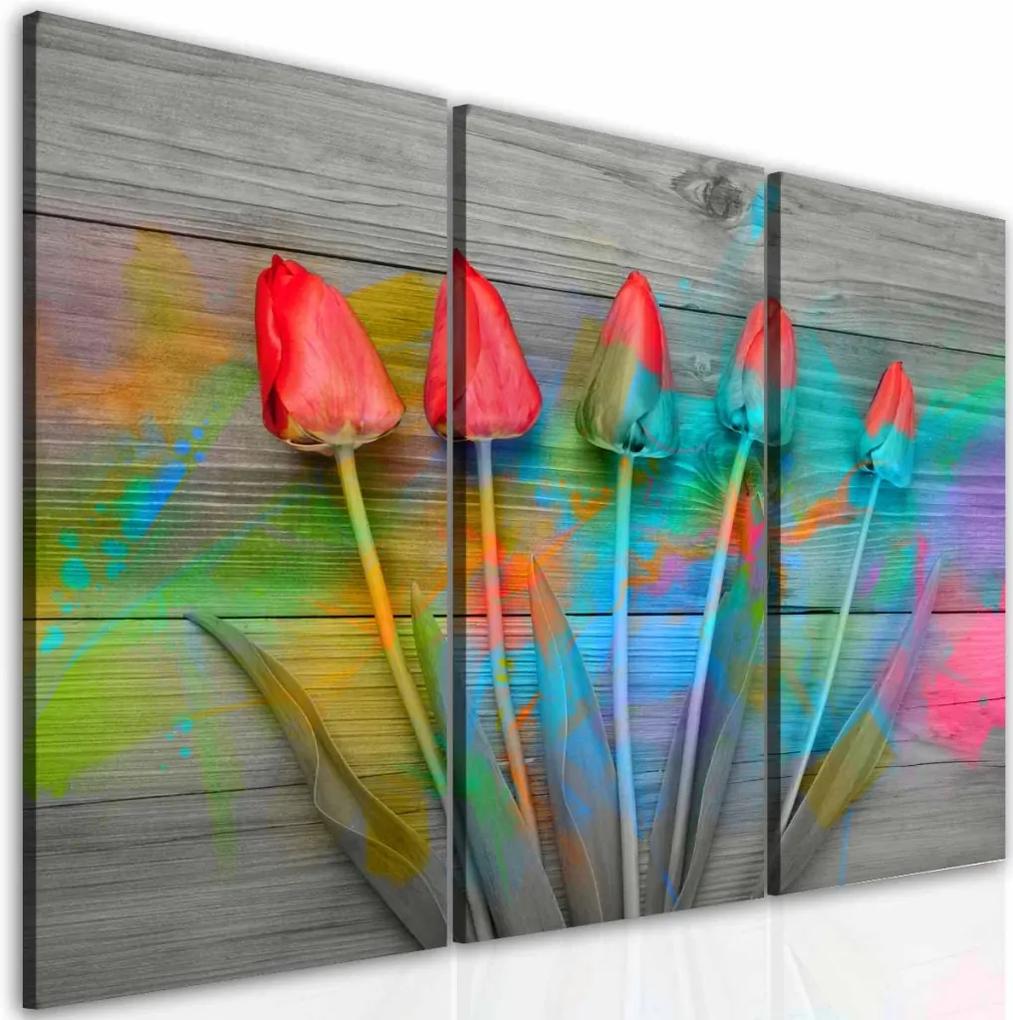 Třídílný obraz tulipány na dřevě (120x90 cm) - InSmile ®
