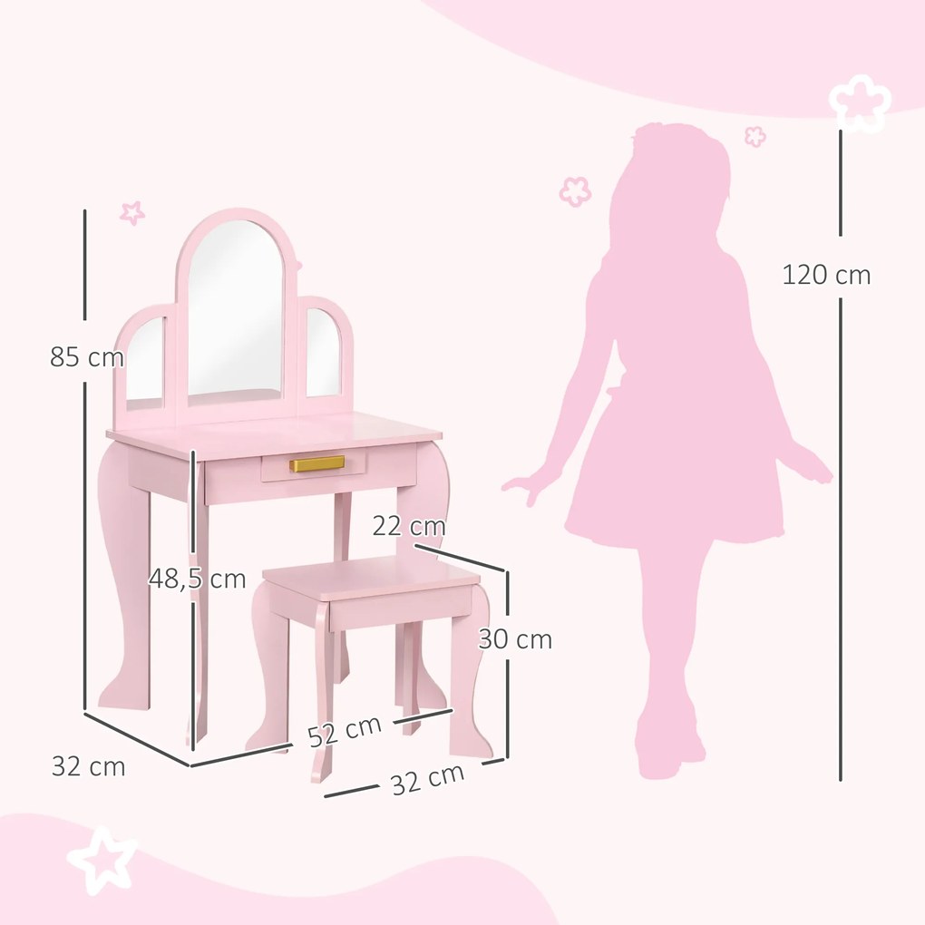 HOMCOM Dětský Toaletní Stolek s Taburetem a 3 Zrcadly - 3-6 let - 52 x 32 x 85 cm - Růžový