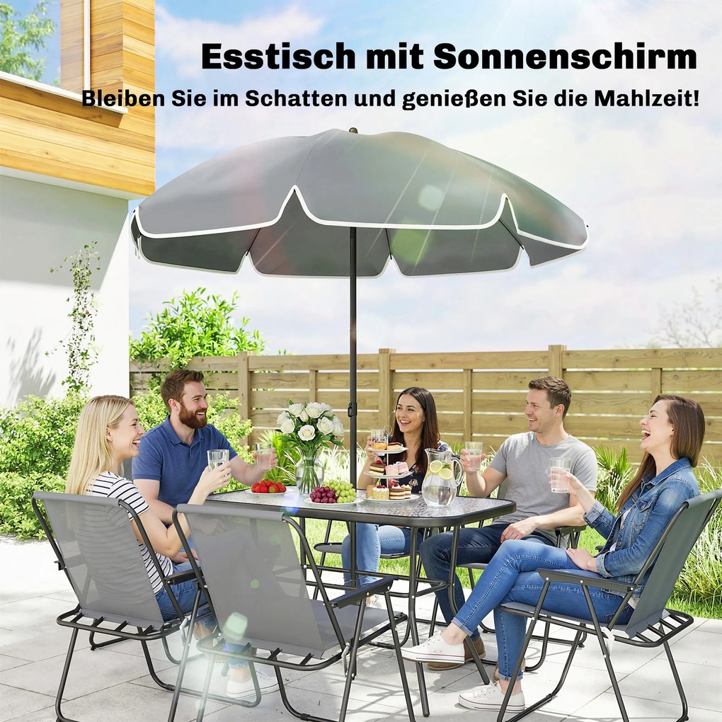 Sada zahradního nábytku sedací souprava 119 x 68 cm skleněný stůl se 6 skládacími židlemi slunečník vzor vodní vlna šedá