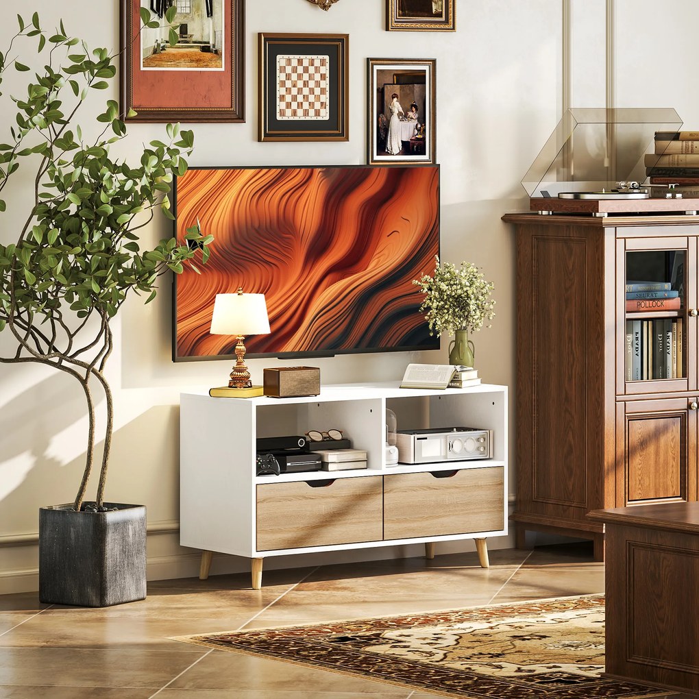 HOMCOM TV skříňka s 2 policemi a zásuvkou, 99 cm dlouhý TV stolek pro televizi, TV jednotka do obývacího pokoje, Bílá, 99 x 39 x 58,3 cm