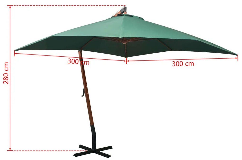 vidaXL Marketos Závěsný slunečník 300 x 300 cm dřevěná tyč zelený