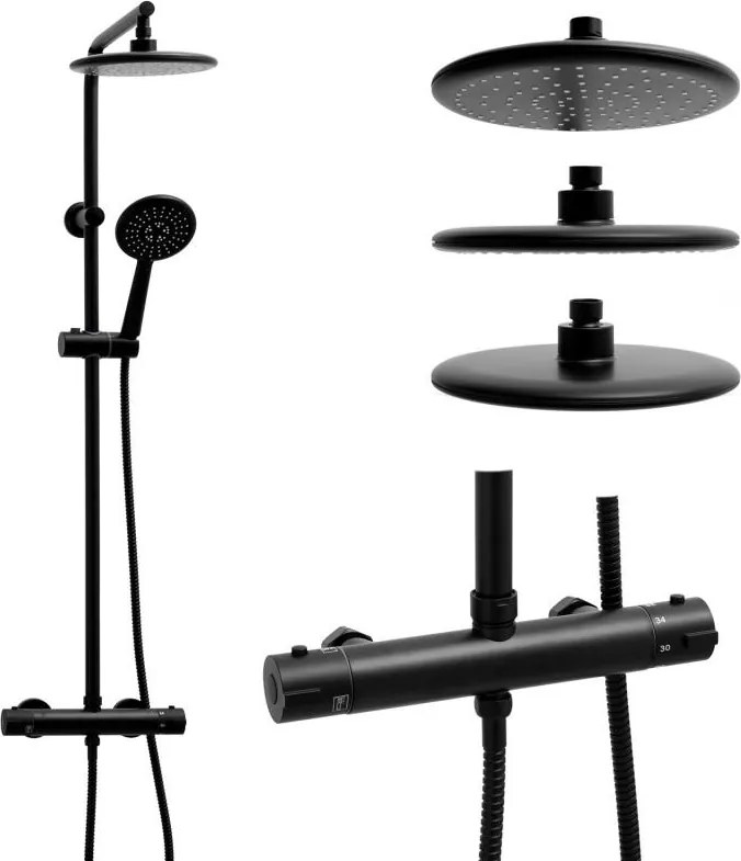 Erga Enza, sprchová souprava s termostatickou baterií a dešťovou hlavicí 20cm, černá matná, ERG-YKA-BP.ENZA20-BLK