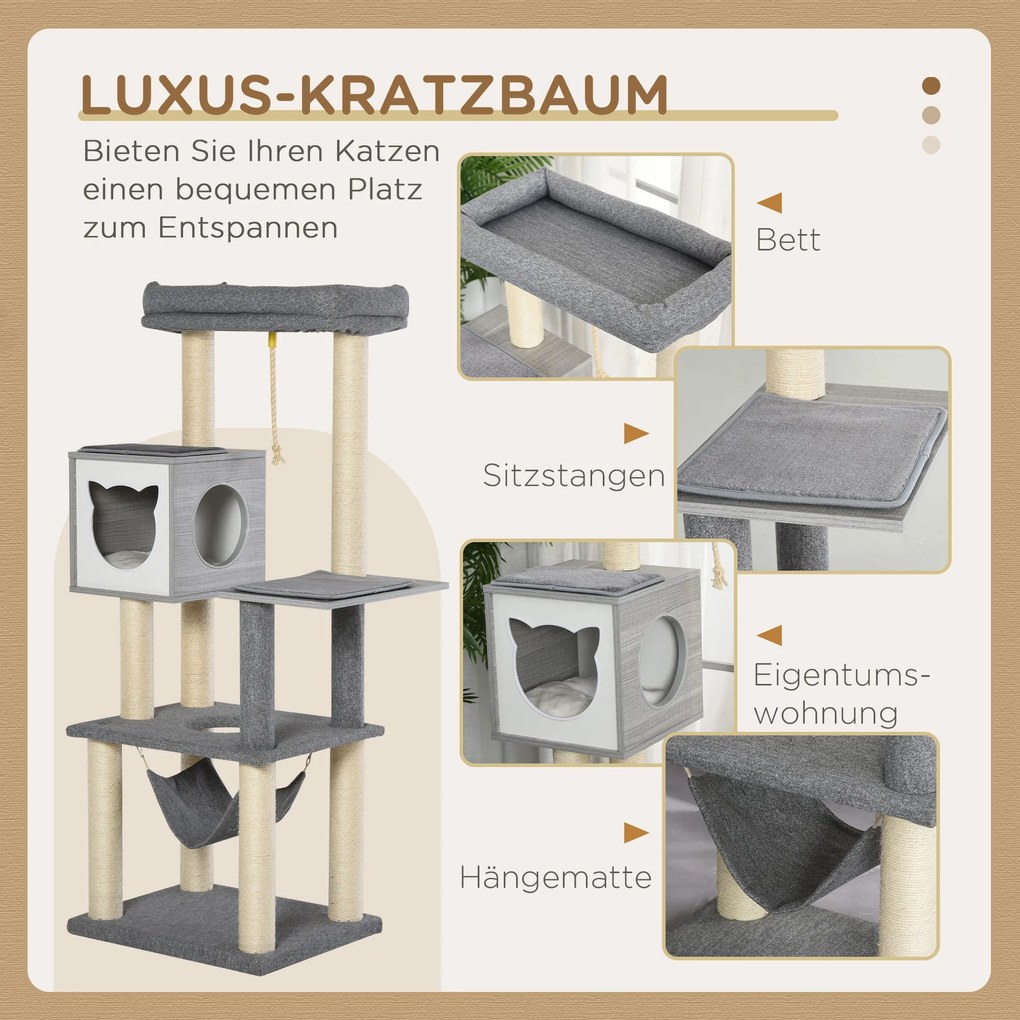 Víceúrovňové škrabadlo PawHut XXL 155H cm s houpací sítí a měkkým polštářem, stabilní v šedé a bílé barvě pro kočky | Aosom.de