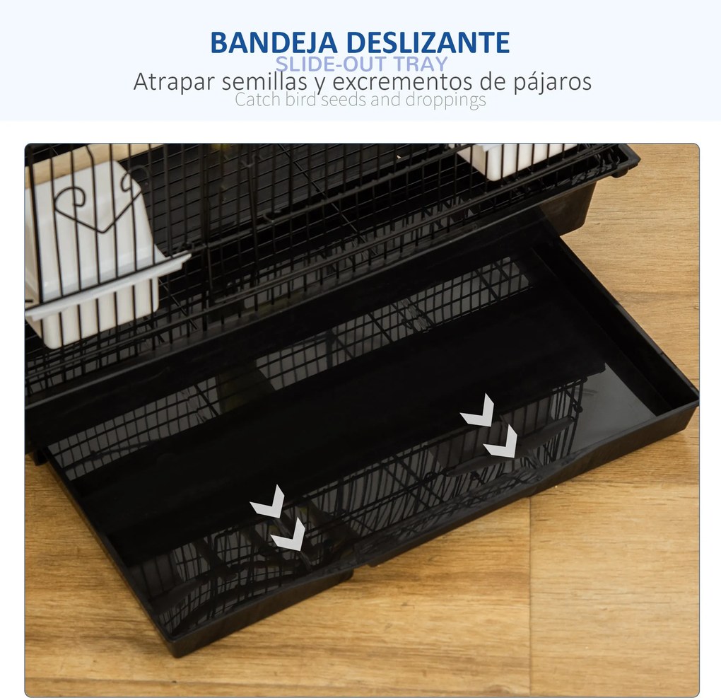 Ptačí klec PawHut s více dveřmi, 4 krmítky, 3 bidly, houpacím zařízením a odnímatelným tácem pro papoušky, kanárky a andulky 46x36x100 cm Černá