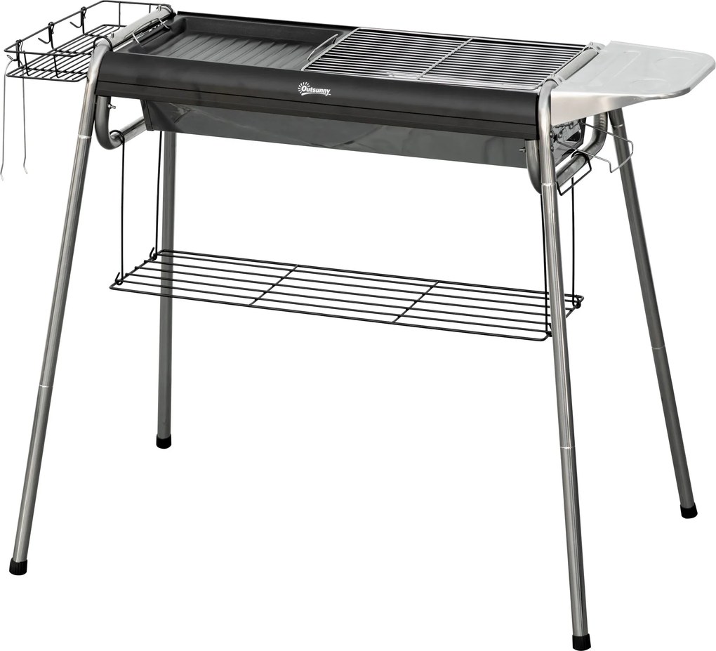 Outsunny Přenosný gril na dřevěné uhlí s nerezovou grilovací miskou a úložným regálem pro zahradu a kempování 96x61x72 cm Černý | Aosom