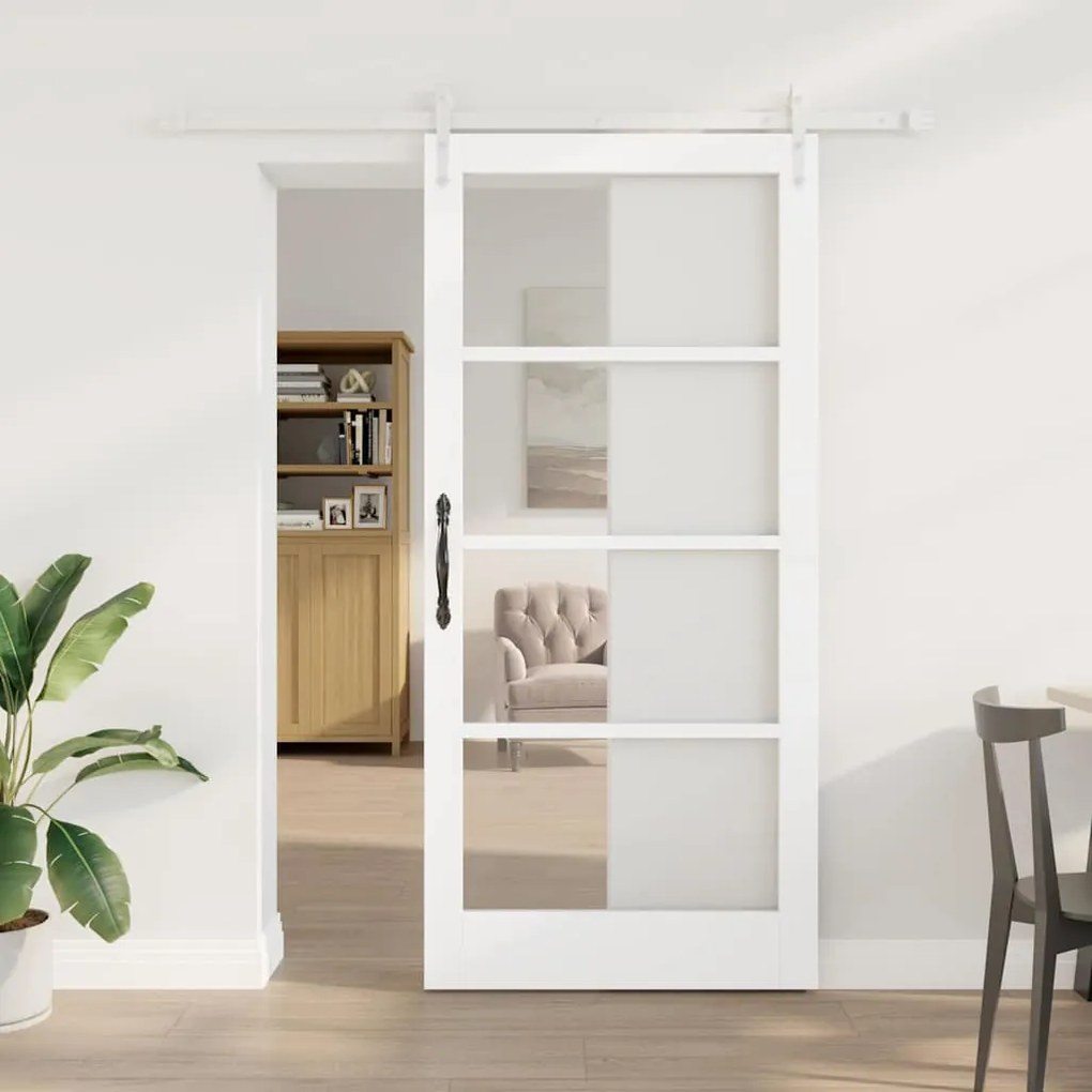 Posuvné dveře 93 x 202 cm Masivní borové dřevo a sklo Bílá 3332372