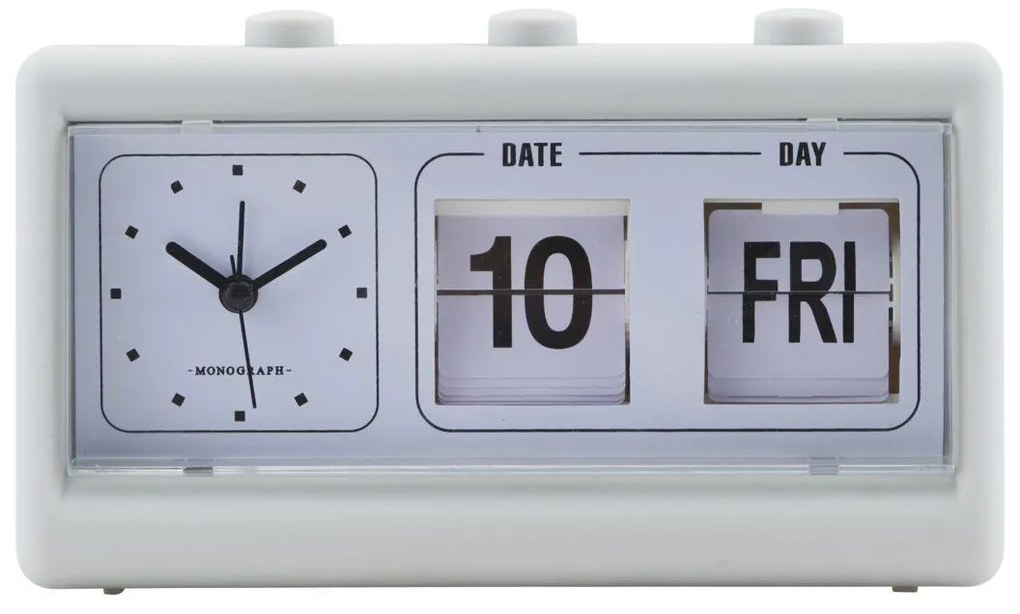 MONOGRAPH Retro hodiny s budíkem a kalendářem Grey, šedá barva, plast
