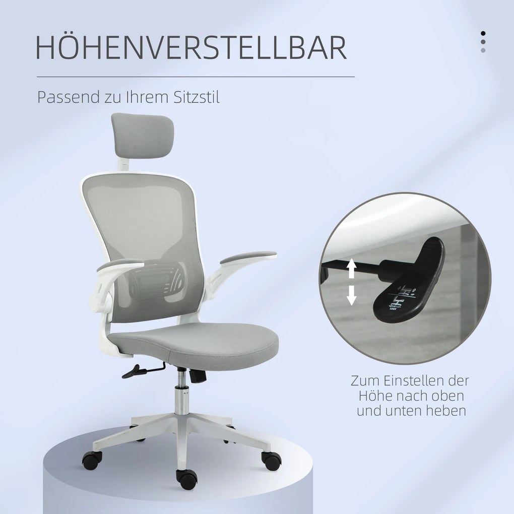 Kancelářská židle Vinsetto ergonomická kancelářská židle s opěrkou hlavy a funkcí houpání, výškově nastavitelná, šedá, 65 x 64 x 114-122 cm | Aosom.de
