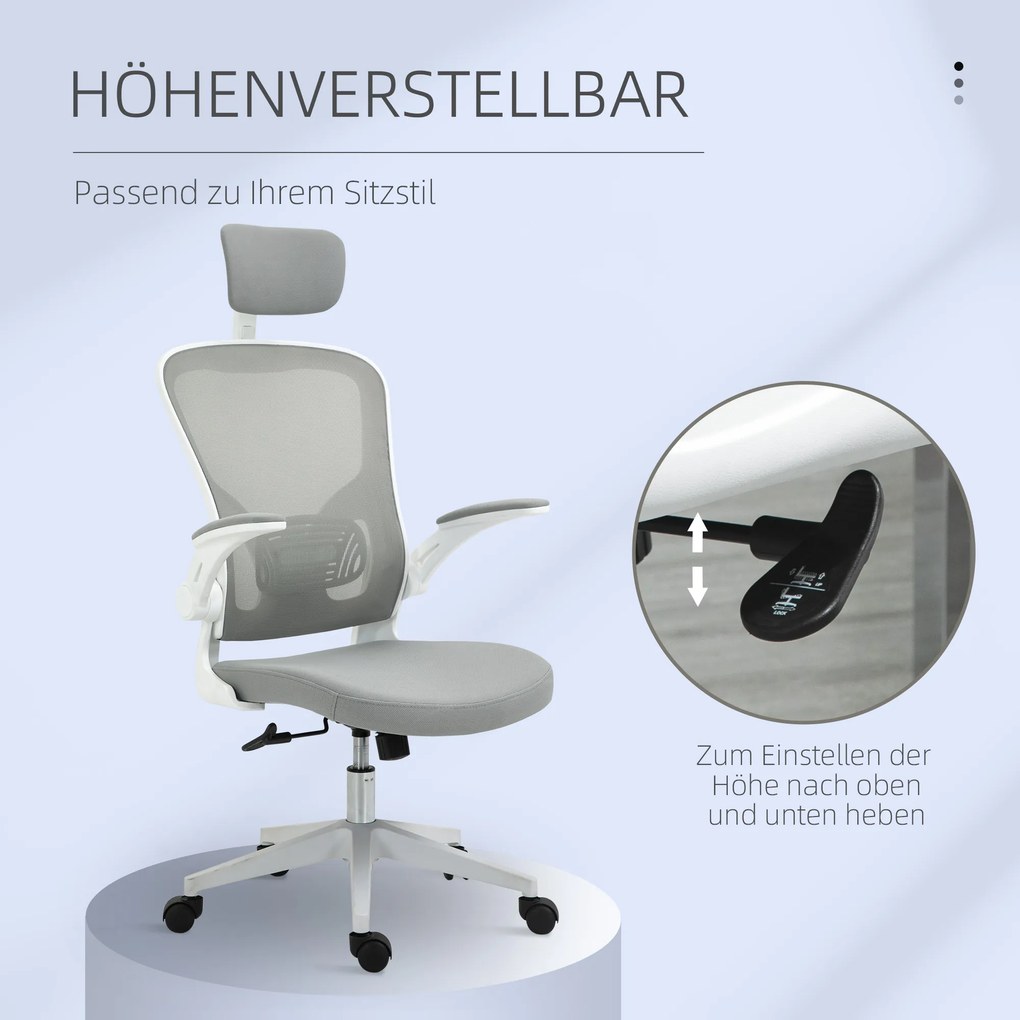 Kancelářská židle Vinsetto ergonomická kancelářská židle s opěrkou hlavy a funkcí houpání, výškově nastavitelná, šedá, 65 x 64 x 114-122 cm