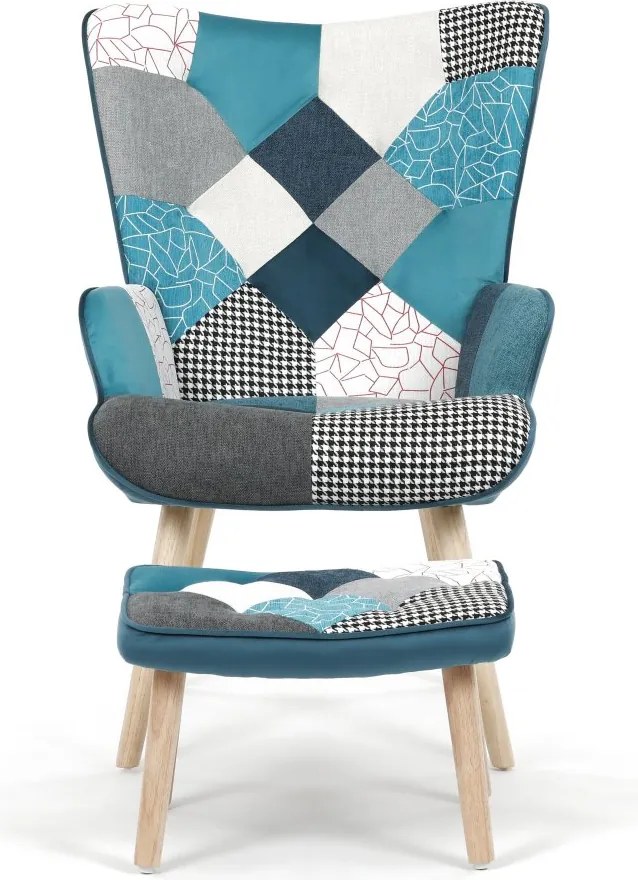 Relaxační křeslo ušák LISA + taburet — masiv, látka, modrý patchwork