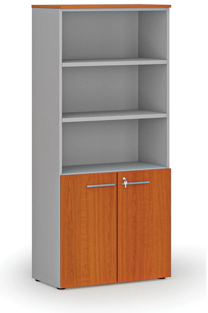 Kombinovaná kancelářská skříň PRIMO GRAY, dveře na 2 patra, 800 x 420 x 1781 mm, šedá/třešeň