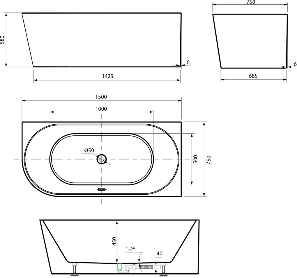 Aqualine Aqualine, TIBERA R rohová stojící vana 150x75cm, bílá, E1037