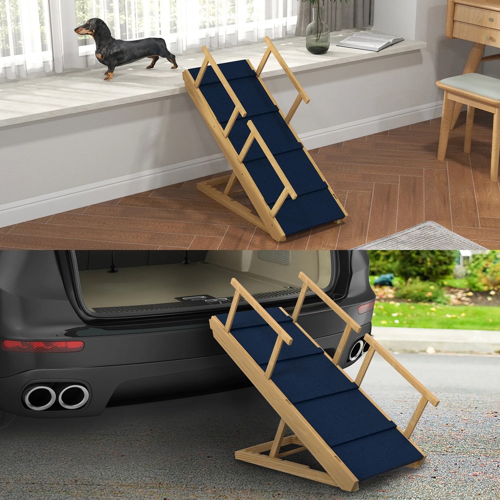 PawHut rampa pro psy Skládací rampa pro psy s odnímatelným zábradlím, protiskluzová, pomůcka pro psy do 40 kg, 85 x 40 x 78,5 cm, přírodní dřevo | Ao…