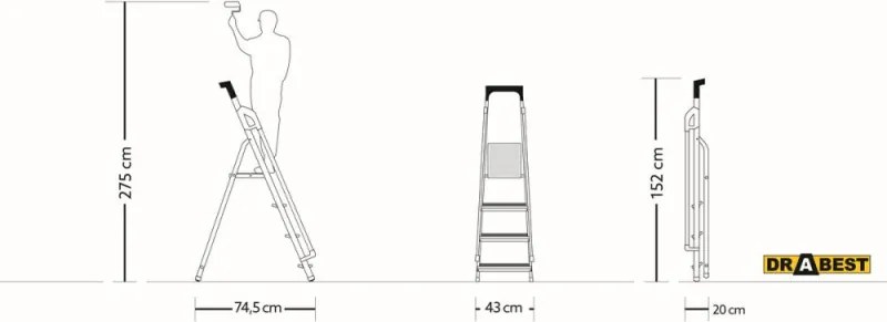 Hliníkové schůdky 5 stupňů s madly DRABEST ALDP+P-5 PRO