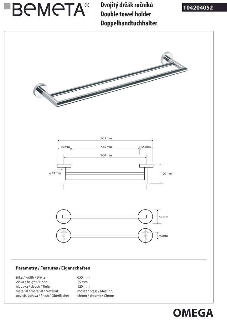 Bemeta Design OMEGA: Držák ručníků, 600 mm, dvojitý -