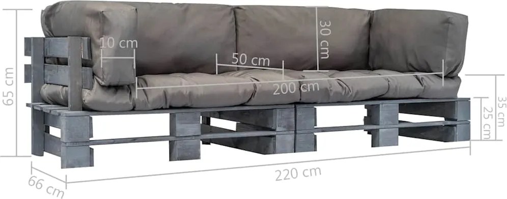 2dílná zahradní pohovka z palet s šedými poduškami borovice 275300