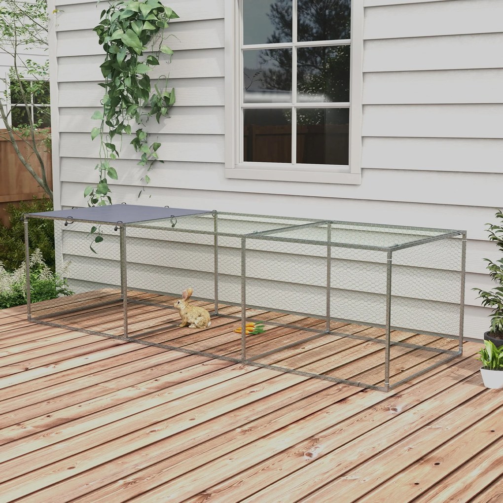 PawHut Venkovní Kurník pro Králíky 3 m² pro Malá Zvířata 3 x 1 x 0,8 m Galvanizovaná Ocel, 1 Horní Dveře, Kryté Prostor Tarp