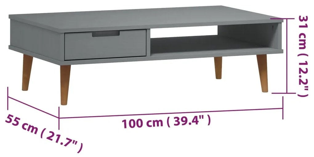 Konferenční stolek MOLDE šedý 100 x 55 x 31 cm masivní borovice - Default Title