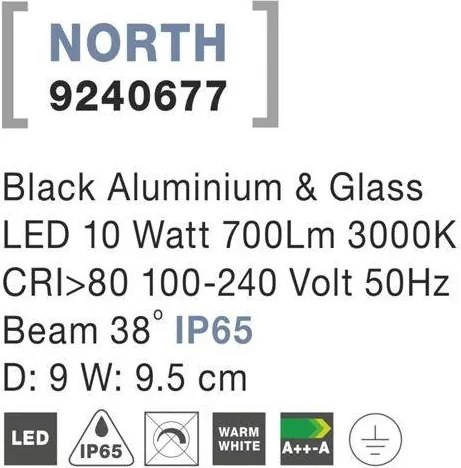 NV 9240677 Venkovní reflektor NORTH černý hliník a sklo LED 10W 3000K 100-240V 38st. IP65 - NOVA LUCE