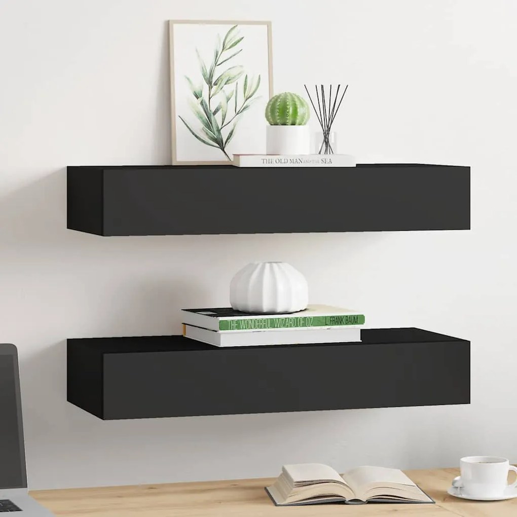Nástěnné police se zásuvkou 2 ks černé 60 x 23,5 x 10 cm MDF 330258