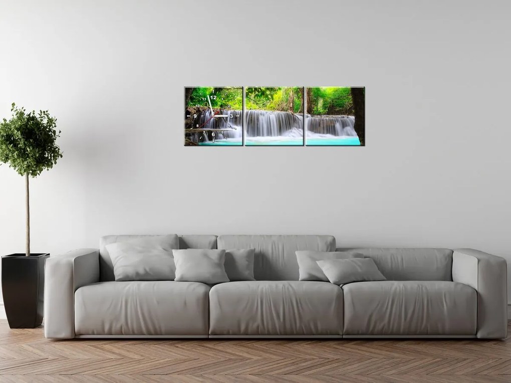 Gario Obraz s hodinami Nádherný vodopád v Thajsku - 3 dílný Rozměry: 90 x 70 cm