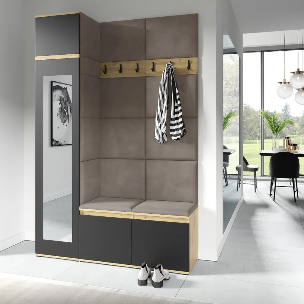 Eka Předsíňová stěna s čalouněnými panely Trinity 22 - Dub Artisan s černou / Tmavá béžová 2305