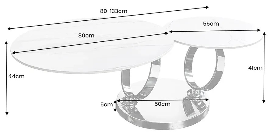 Massive home | Konferenční stolek DANCING RINGS 80-135 cm otočný keramický stůl s bílým mramorovým vzhledem
