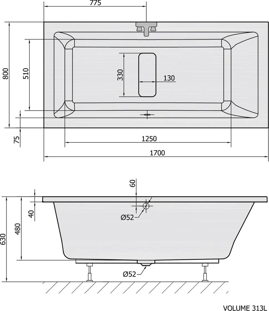 Polysan, MARLENE obdélníková vana 170x80x48cm, bílá, 72403