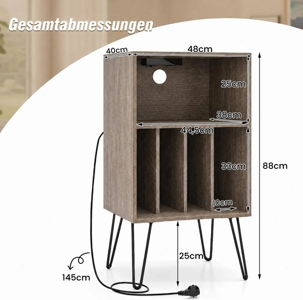 Costway Stojan na gramofon s nabíjecí stanicí Vinylová – šedá