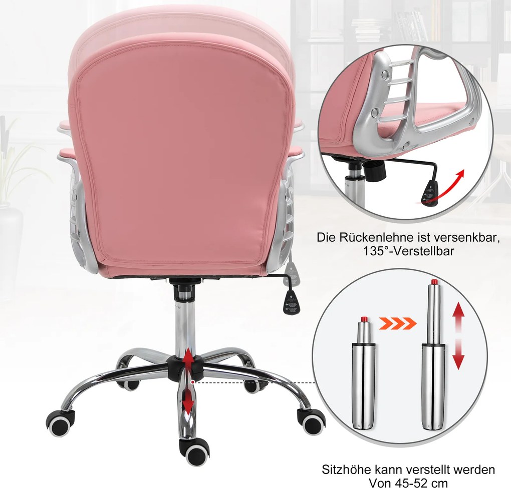 Kancelářská židle Vinsetto Manažerská židle s ergonomickým čalouněným opěrákem, růžová, PU, 59,5 x 60,5 95-105 cm