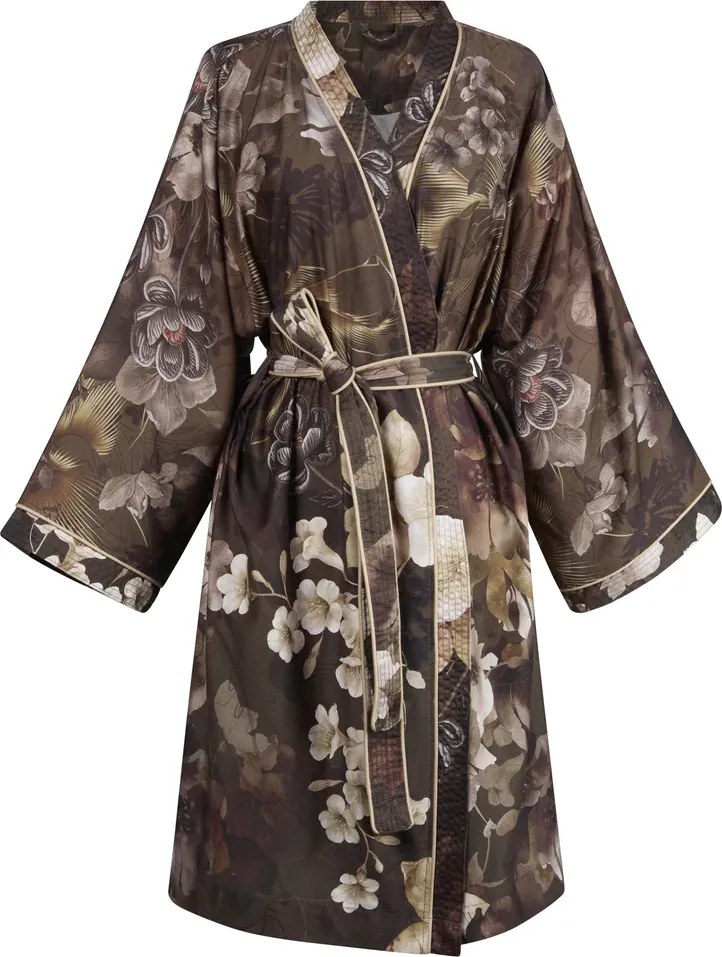 Kardol saténové kimono Velutini - hnědé (Luxusní saténové kimono s květy)