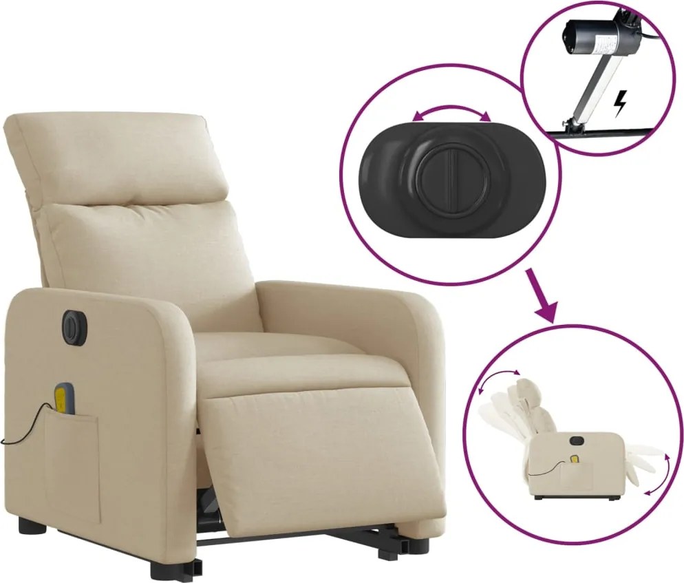 Elektrické zvedací masážní polohovací křeslo krémové textil 3206734