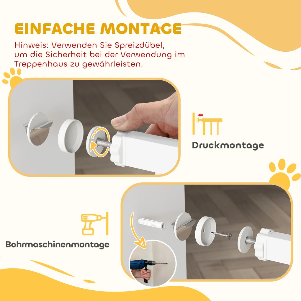 PawHut Schodišťová branka Bezpečnostní branka bez vrtání s automatickým zavíráním pro děti Kuchyňské schody 76-80 x 76 cm Bílá