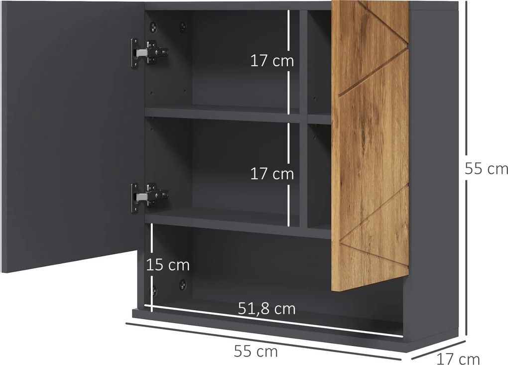 Kleankin Závěsný Koupelnový Zrcadlový Skříňkový Úložný Systém s Nastavitelnými Policemi, Moderní Design 55 x 17 x 55 cm, Přírodní Tmavě Šedá